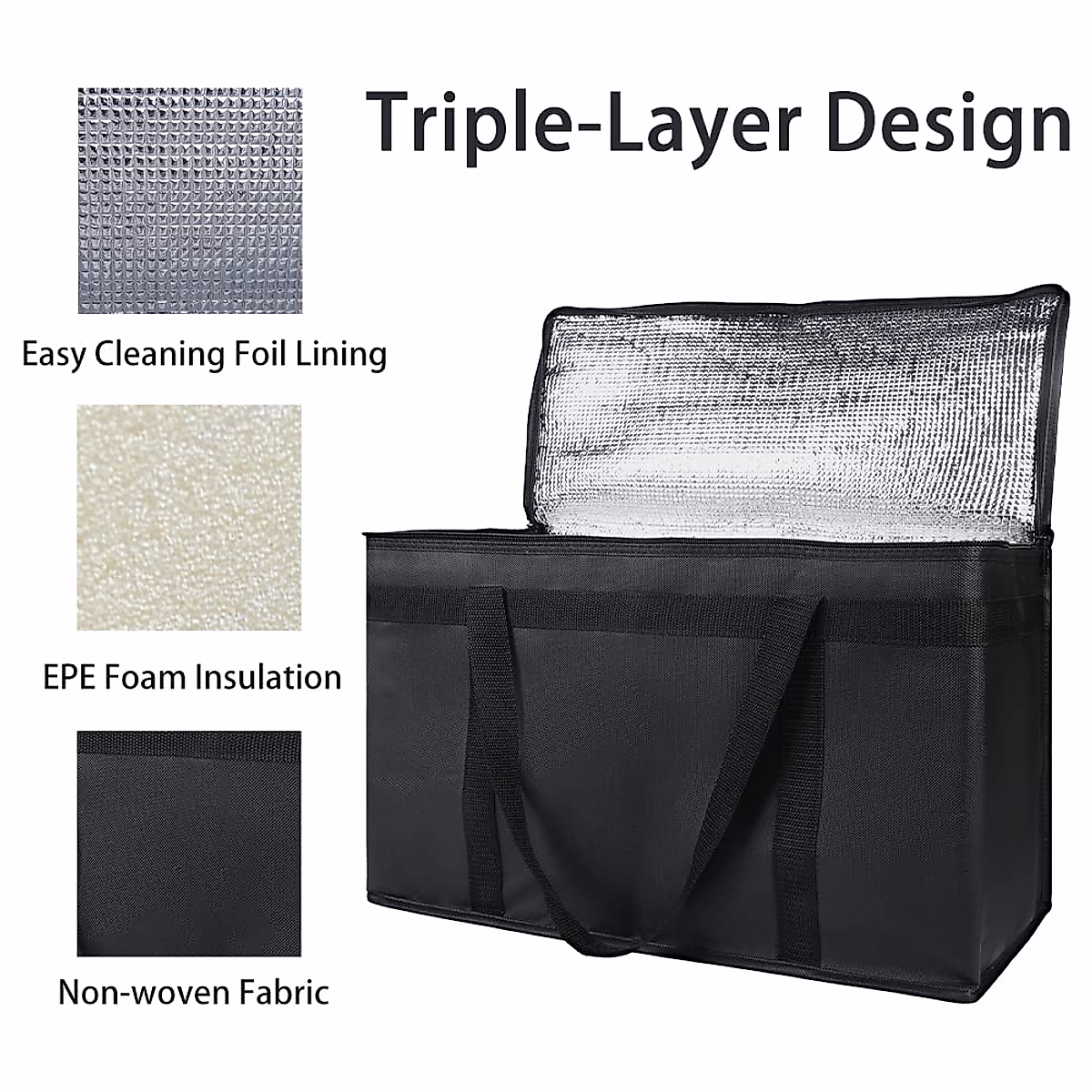 Bodaon 2-Pack Insulated Food Delivery Bag, XX-Large Reusable Grocery Shopping Bag, Frozen Food Cold, Cooler Bags with Zippered Top, Black