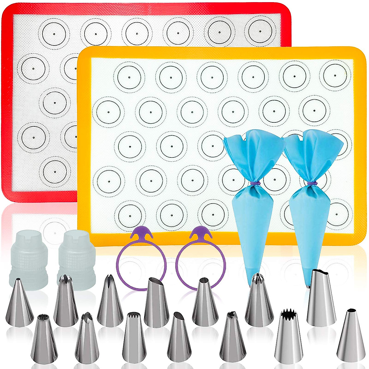 Tailpa Macaron Baking Kit Silicone Mat(22 Pcs Set), Macaron Baking Supplies, Baking Set of 2 Half Sheet Macaron Silicone Mats (16.5"x11.5"), 14 Piping Tip, 2 Piping Bag,2 Bag Tie, 2 Coupler