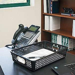 Really Good Stuff - 666019 Plastic Desktop Paper Storage Baskets for Classroom or Home Use – 14”x10” Plastic Mesh Baskets Keep Papers Crease-Free and Secure – Black Baskets with White Handles (Set of 4)