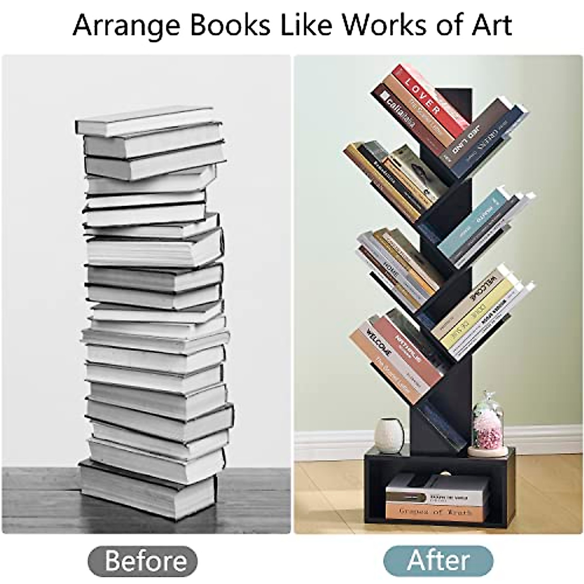 Hoctieon 6 Tier Tree Bookshelf, 6 Shelf Bookcase with Drawer, Free Standing Tree Bookcase, Display Floor Standing Shelf for Books, Book Organizer Shelves for Home Office, Black