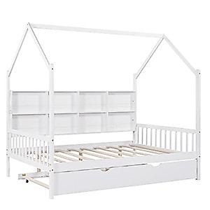 BIADNBZ Full Size House Platform Bed with Trundle and Storage Shelf, Wooden DayBed Frame w/Wood Slats Support for Kids Teens Bedroom, No Box Spring Needed,White