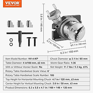 VEVOR Rotary Table for Milling Machines, 4''/ 100 mm, Horizontal Vertical Model Precision Milling Rotary Table, with 3.1''/80 mm 3-Jaw Chuck M10 T-Bolts Nuts, for Milling Engineering Indexing Tools