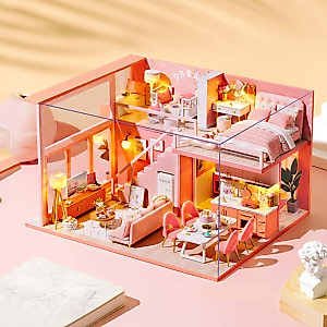 GuDoQi DIY Miniature Dollhouse Kit, Mini Dollhouse Kit with Furniture, Tiny House Kit Plus Dust Cover, DIY Miniature Kits, Gift for Birthday Easter Day, Sweet Angel