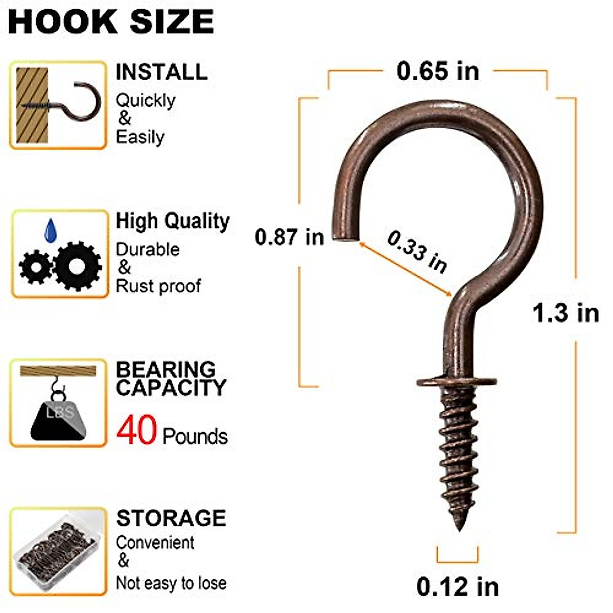 EIENHOSHI 7/8'' Rubbed Bronze Cup Hooks - Pack of 60, Screw-in Hooks for Hanging Stuff, Small Ceiling Hooks Great for Indoor-Outdoor Use