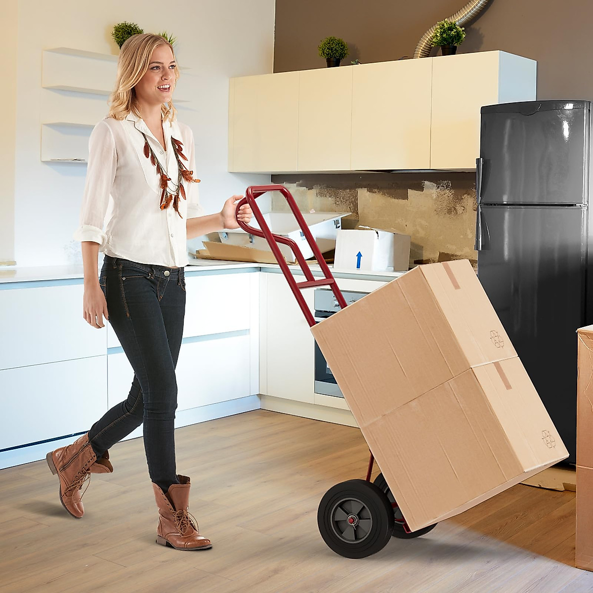 Goplus Hand Truck, P-Handle Hand Truck Dolly w/Vertical Loop Handle, 10” Rubber Wheels, 15”x8” Foldable Nose Plate, 660LBS Capacity, Heavy Duty Metal Dolly Cart for Lifting, Stairs (Red)