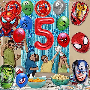 16PCS Superhero Birthday Party Balloons Spider Foil Balloons，Children's Superhero Theme 5th Birthday Party Decorations (5 Years old)