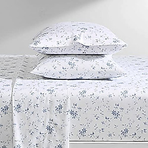 Laura Ashley Home - King Sheets, Soft Sateen Cotton Bedding Set - Sleek, Smooth, & Breathable Home Decor, Garden Muse Blue