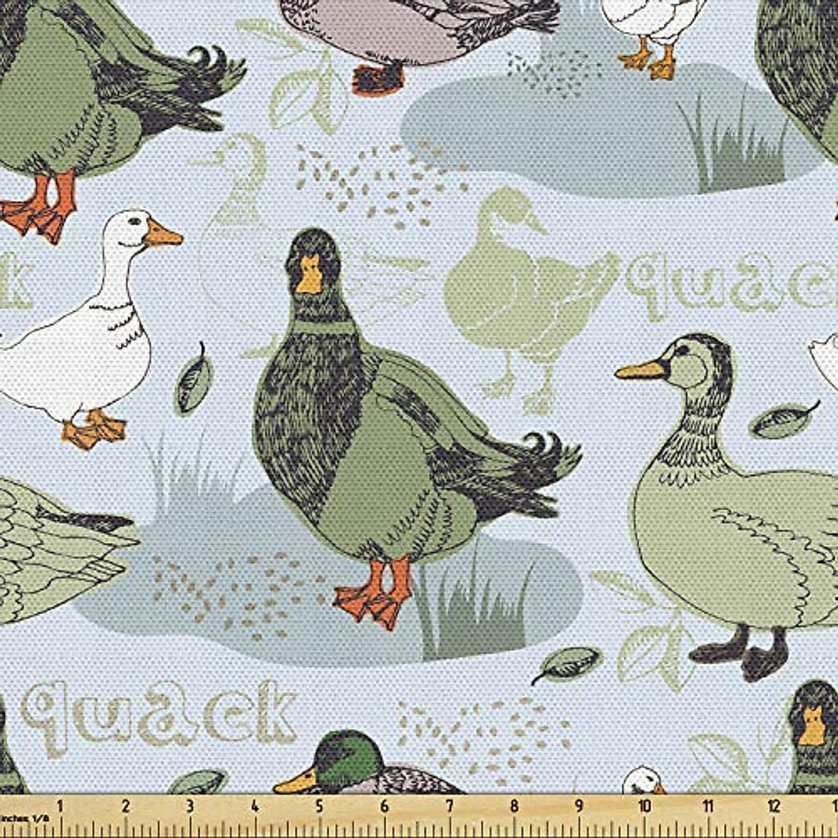 Lunarable Geese Fabric by The Yard, Ducks Fowl on The Farm with Greenery Leaves Etching Illustration Design Print, Decorative Fabric for Upholstery and Home Accents, 1 Yard, Olive Green