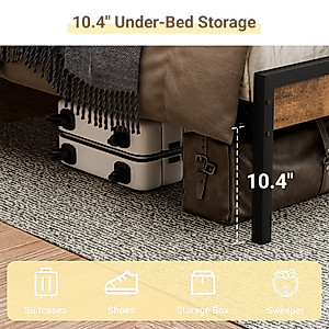Zevemomo King Size Bed Frame with Headboard, Headboard with Charging Station, 2 USB Port & 2 AC Power Outlet, Modern King Metal Platfrom Bed Frame No Box Spring Needed, Sturdy & Assembly, Brown