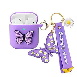 Compatible with Airpods 2nd & 1st Generation Case Cover Cute, Silicone Airpod Case with Keychain Butterfly, Kawaii Apple Airpod Cases Gen 2 1 for Women Girls, Protective Accessories, Purple