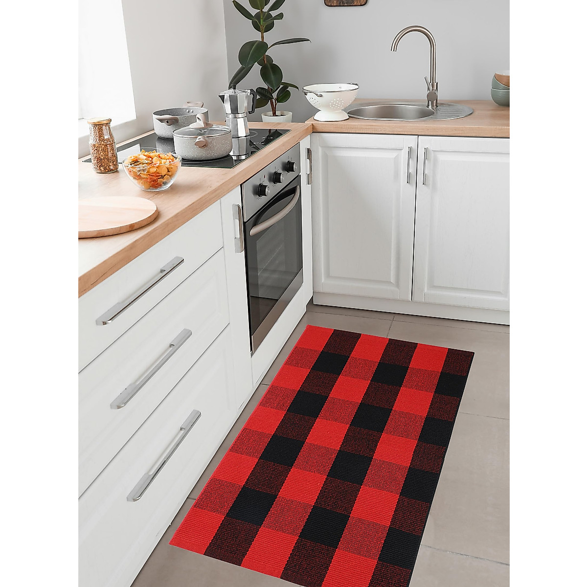 Buffalo Plaid Outdoor Rug 3'x5' Black and Red Checkered Door Mat Cotton Hand-Woven Front Welcome Door Mats for Front Porch Patio Entryway Kitchen Farmhouse