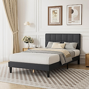 Sweetcrispy Twin Size Wood Bed Frame - Linen Upholstered Platform Bed with Headboard, No Box Spring Needed with 800LBS Sturdy Wooden Slats Support, Noise Free, Easy Assembly, Dark Grey