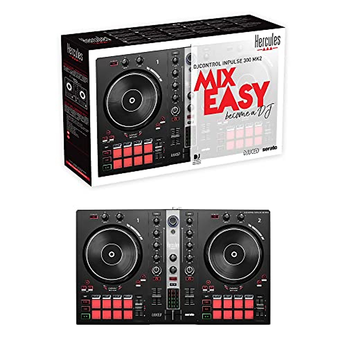 Hercules DJControl Inpulse 300 MK2 – USB DJ controller – 2 decks with 16 pads and built-in sound card – DJ software and tutorials included