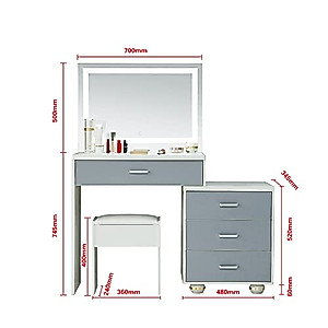 Vanity Makeup Dressing Table Stool Set, Modern Dressing Table Makeup Desk with LED Touch Light Mirror Drawers Shleves Stool(46.5" L*13.7”W*49”H) White