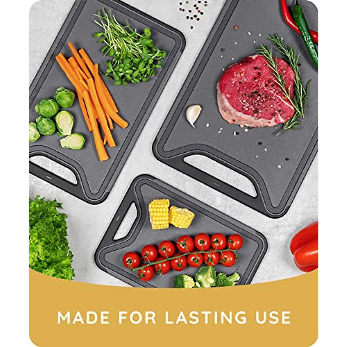 Cutting Boards for Kitchen - Plastic Cutting Board Set of 3, Dishwasher Safe Cutting Boards with Juice Grooves, Thick Chopping Boards for Meat, Veggies, Fruits, Easy Grip Handle, Non-Slip (Black/Gray)