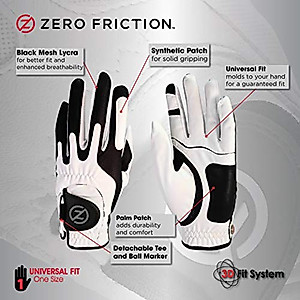 Zero Friction Male Men's Compression-Fit Synthetic Golf Glove (2 Pack), Universal Fit Black/White, One Size (GL00110)