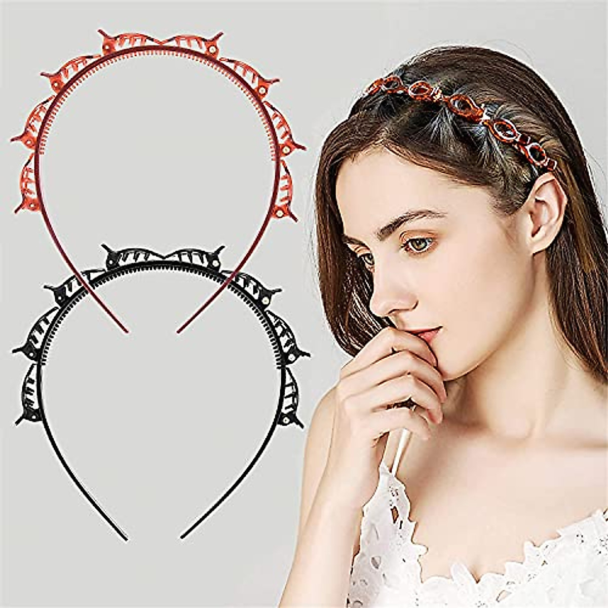 Avanlin Double Bangs Headbands Double Layer Twist Plait Plastic Headband with Alligator Clips Hair Accessories for Women and Girls (Pack of 2) (Black &Brown)