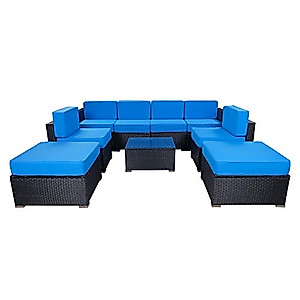 MCombo 9 Pieces Patio Furniture Sets with Glass Coffee Table, Outdoor Sectional Sofa with Two Ottomans,Wicker Patio Conversation Set with Cushions 6082-9pc (Blue)