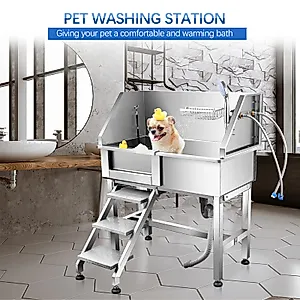 TELAM Small Dog Washing Station Stainless Steel 34'' Pet Grooming Tub Professional Pet Grooming Bathtub Bathing Station Small Dogs Cats Dog Wash Shower Sink with Push-in Walk-in Stairs