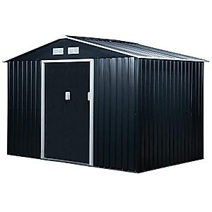 9'X6' Garden Tools Storage Shed Lawn Care Equipment Bicycles Pool Supplies Storage Patio Yard Backyard Use Sloped Roof Design 2 Sliding Door 4 Ventilation Window Galvanized Steel Frame Construction