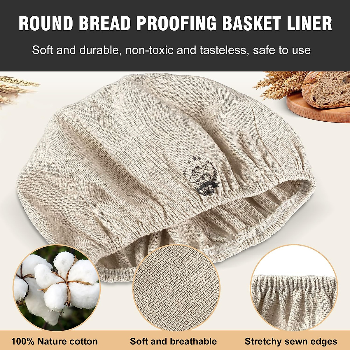 WALFOS 6 Packs Bread Basket Liner Cloth, 9 inch round bread proofing basket cloth liner, Baking Dough Basket Cover Natural Rattan Banneton Proofing Cloth