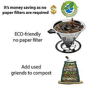 Stainless Steel Pour Over Coffee Cone Dripper with Cup Stand - Paperless and Reusable - Ultra Fine Micro Mesh Filter - BONUS: Coffee Scooping Spoon + Cleaning Brush - [1-4 Cup]