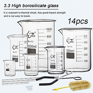 ADAMAS-BETA 14PCS Glass Beaker Set, 6 Sizes - 10ml 50ml 100ml 250ml 500ml 1000ml Graduated Beakers + 11" Beaker Tongs + 3pcs Glass Stirring Rods + 3pcs Magnetic Stir Bar + 1000ml Beaker Brush