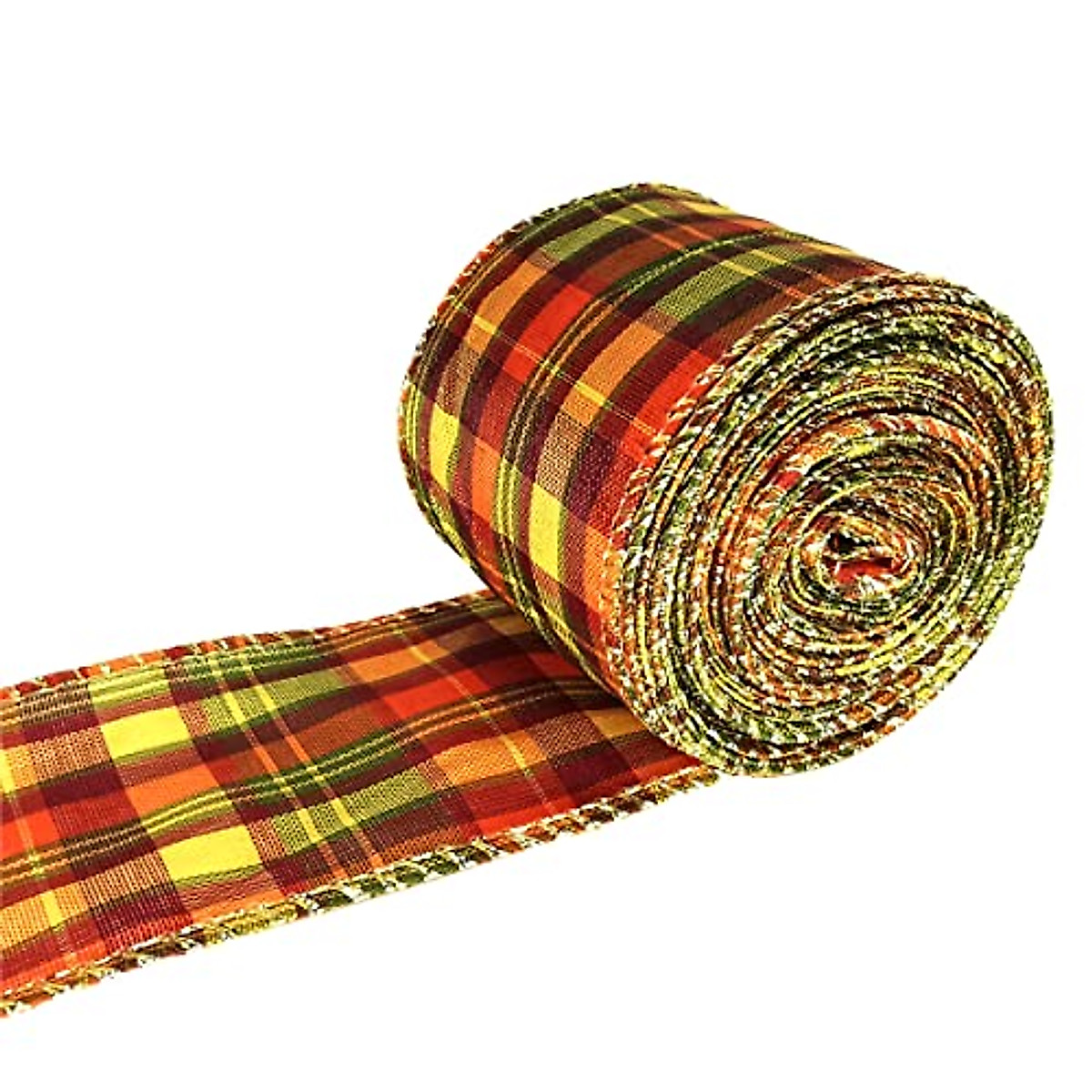 Wired Edge Autumn Buffalo Plaid Ribbon Fabric Burlap Ribbon for DIY Craft Wrapping Thanksgiving Decoration 6.56 Yard (Golden Edge Green Orange Yellow Plaid 5 cm)