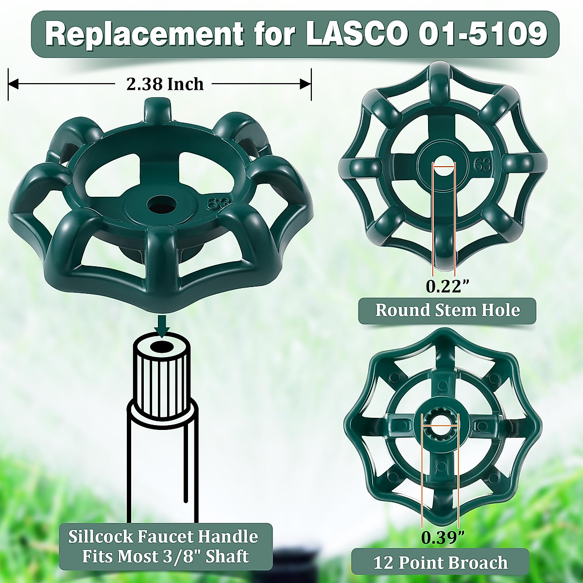 Dreyoo 2 Pack Outdoor Faucet Handles, 0.43" Round Stem Hole Faucet Handle Compatible with LASCO 01-5109, Round Wheel Handle Fits Most 3/8" Shaft Sillcock Valve Stems (12 Point Broach, Green)