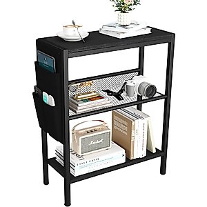 Yusong Small Narrow Side Table for Small Spaces, Slim End Table with Storage Bag, Sofa Snack Table with Adjustable Metal Mesh, 3 Tier Accent Skinny Beside Table for Living Room & Bedroom, Black Oak
