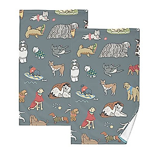 Jucciaco Funny Animals Puppy Dogs Cotton Towels for Bathroom, Soft Absorbent Hand Towel Set of 2 for Yoga Gym Kitchen Decorative, 16x28 inch