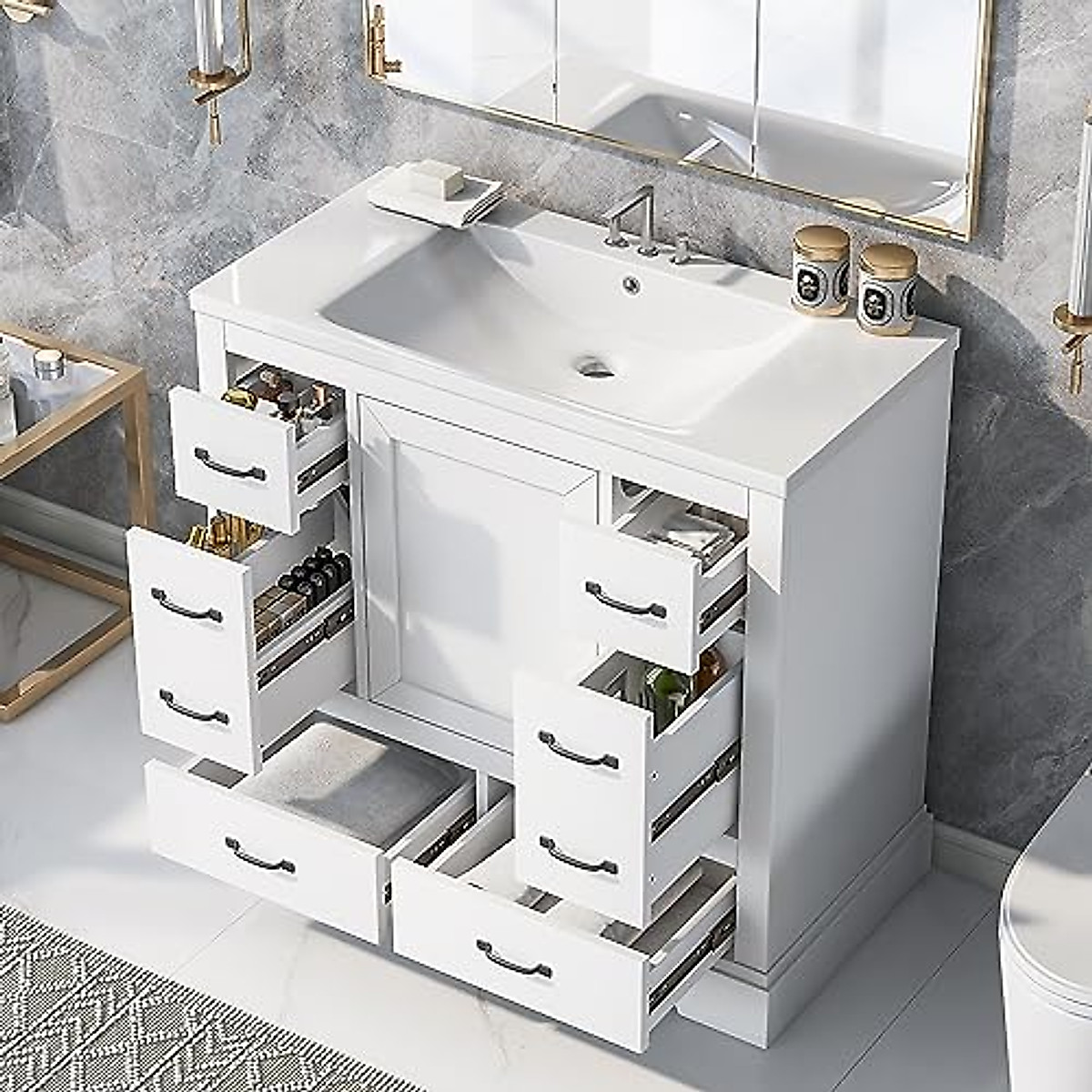 Merax 36" Bathroom Vanities Sink Set, Ceramic Undermount Top, Freestanding Cabinet with Door and Multi-Functional Drawers, Storage Divider, White