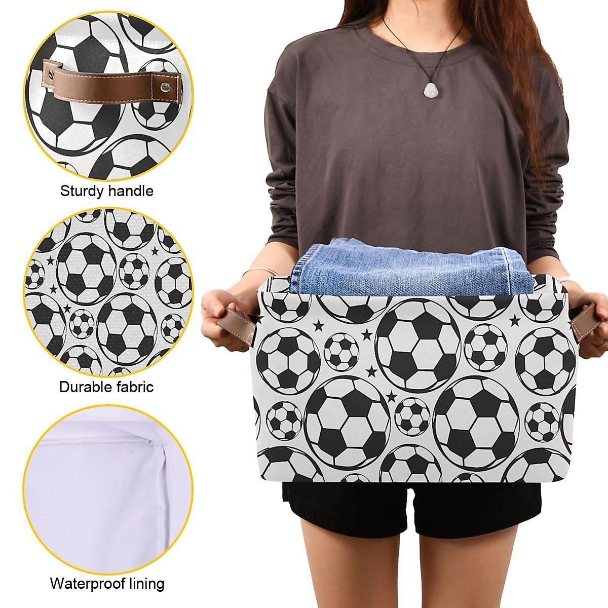 Soccer Ball Football Large Storage Basket Cube Storage Bin Canvas Fabric Organizer Handles Collapsible Decorative for Clothes Toys Bedroom