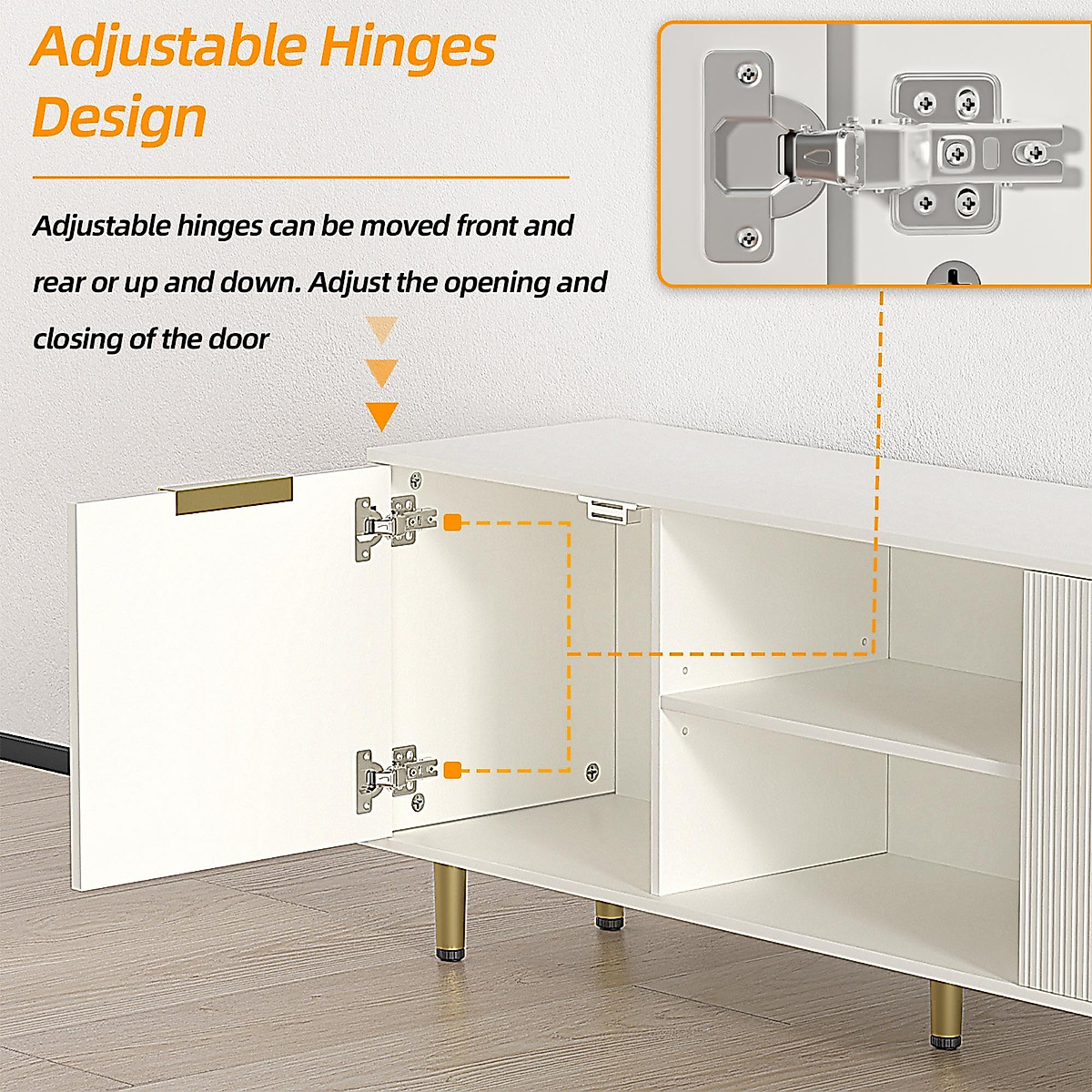 Furniwood TV Stand for 65+ Inch TV, Mid Century Modern TV Stand for Bedroom, TV Entertainment Center with Storage Cabinets, TV Consoles for Living Room, White