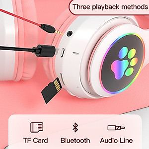 KERHAND Bluetooth Headphones for Kids, Cute Ear Cat Ear LED Light Up Foldable Headphones Stereo Over Ear with Microphone/TF Card Wireless Headphone for iPhone/iPad/Smartphone/Laptop/PC/TV (PIink)