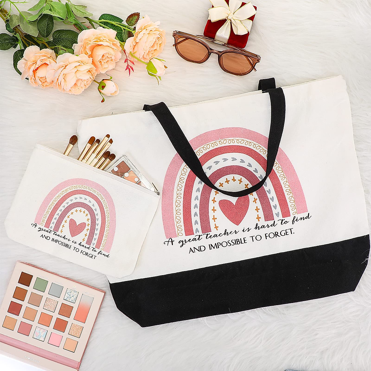 Kajaia Teacher Appreciation Gifts Rainbow Canvas Tote Bags and Cosmetic Bag for Teacher Coworker Nurse(Rainbow)