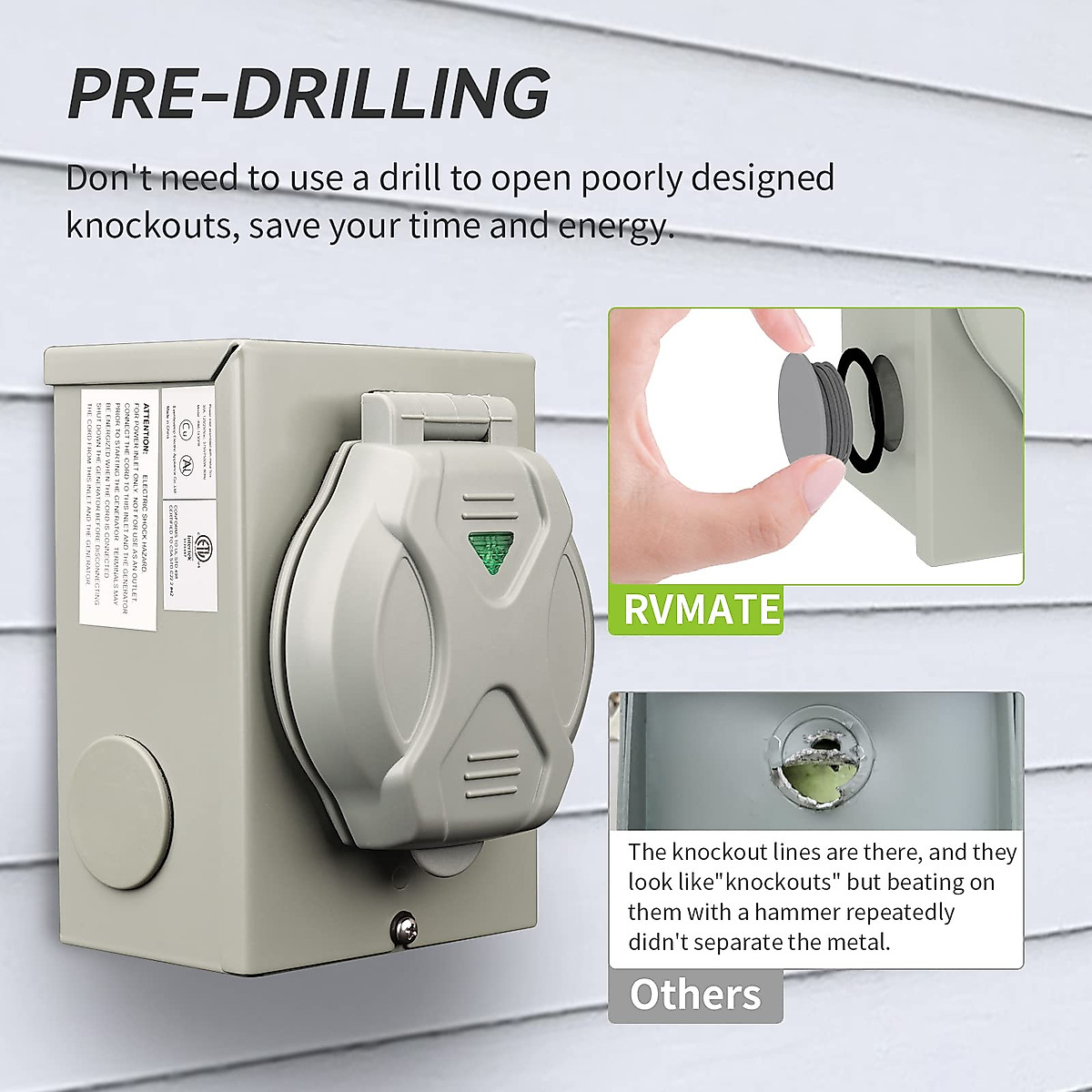 Pre-Drilling 50 Amp Generator Power Inlet Box RVMATE, NEMA SS2-50P 125/250 V 6250/12500W Power Inlet Box, Waterproof for Outdoor Use