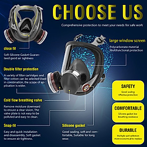 Full Face Respirator Mask - Reusable Large Face Gas Mask Professional Breathing Protection Against Dust/Organic Vapor/Formaldehyde/Chemical Perfect for Airbrush, Car Spraying, Sanding, Paint Work