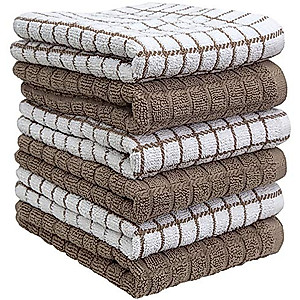 Kitchen Towels 16"x 28" | Dish Towels | Kitchen Hand Towels | Large Dishcloths Set | Highly Absorbent Tea Towel, Soft with Hanging Loop | Natural Ring Spun Cotton, 380 GSM | Tan Check Design - 6 Pack