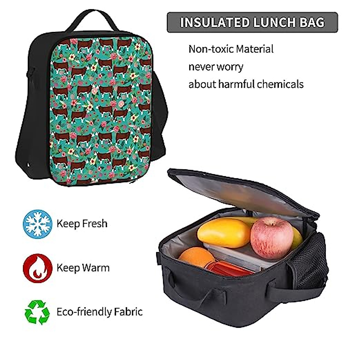JZDACH Backpack Set Compatible With Hereford Cow Cattle Floral Bookbag With Lunch Bags And Pencil Case For Unisex