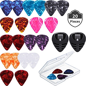 Guitar Picks & Guitar Picks Holder, 2 Black Stick-on Holders, 20 Pieces Guitar Picks, 1 Storage Case, Easy to Paste Suitable for Guitar/Electric Guitar/Bass/Ukulele (Colorful Celluloid Guitar Picks)