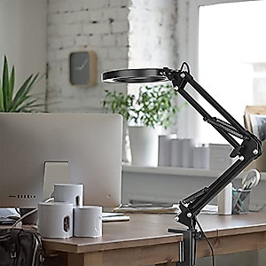 Magnifying Glass with Light and Stand, 3 Color Modes Stepless Dimmable, 5-Diopter Glass Lens, Adjustable Swivel Arm, LED Magnifier Desk Lamp for Close Work, Repair, Crafts, Reading - Long