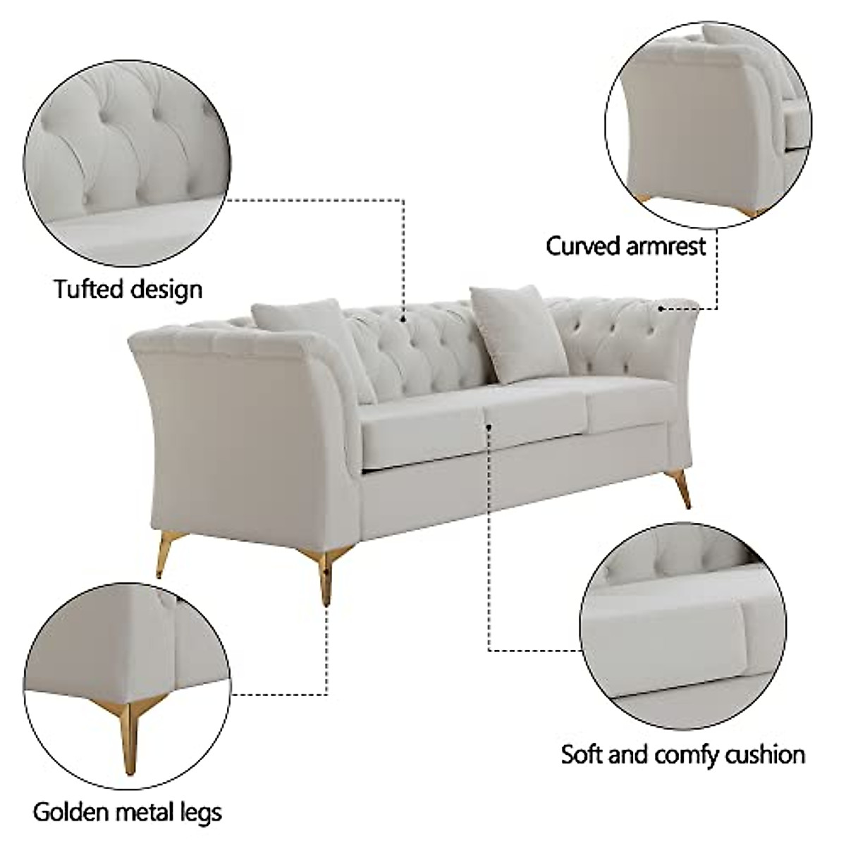 Homtique 3 Seater Sofa,Mid Century Modern Velvet Couch for Living Room,84 Inches Tufted Upholstered Chesterfield Sofa with Metal Legs Decor,Comfy Furniture Set for Bedroom Apartment (Beige)