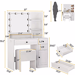 Spurgehom Makeup Vanity Desk with Mirror and Lights White Vanity Set with Drawers and Stool 37" Glass Top Dressing Table Shelves and Storage Cabinet 3 Lighting Modes Brightness Adjustable for Bedroom