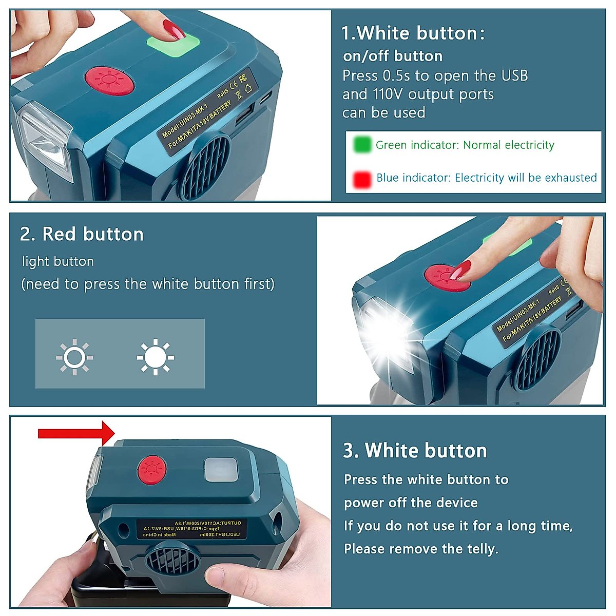 TPDL for Makita Powered Inverter Generator 200W, DC 18v to 110v AC Output, Portable Power Source USB Charger Adapter, for Makita 18v Power Station with LED Light