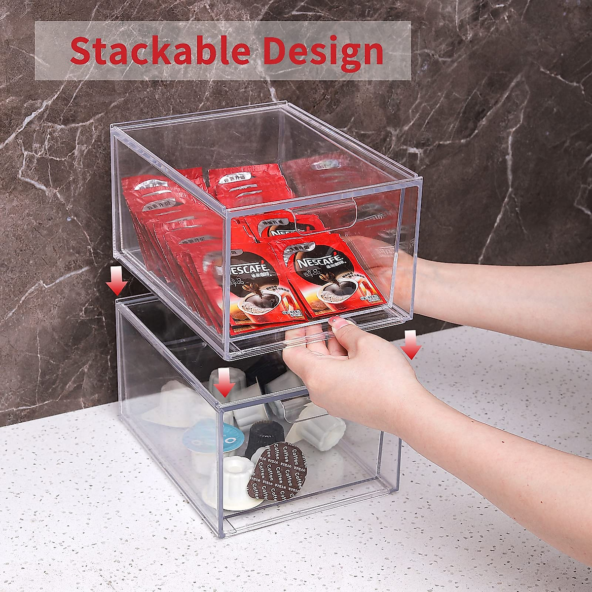 SuoXing Stackable Makeup Plastic Organizer Storage Drawers,4.5'' Tall Acrylic Bathroom Organizers,2 Pack Cosmetic Display Case Plastic Storage Bins For Vanity,Undersink,Pantry Organization and Storage