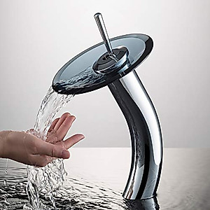 Single Lever Vessel Glass Waterfall Bathroom Faucet Chrome with Black Clear Glass Disk and Matching Pop Up Drain