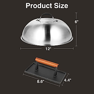 SHINESTAR Cast Iron Griddle Press with 12-Inch Melting Dome for Blackstone, Perfect for Bacon, Burger, Panini
