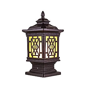 MODEBHD Column Lamp Brown Chinese Retro Rustproof Aluminum Metal Exterior Lamp Vintage Square Outdoor IP44 Waterproof Post Light Fixtures E27 Garden Wall Patio Pillar Lamp Stigma Light