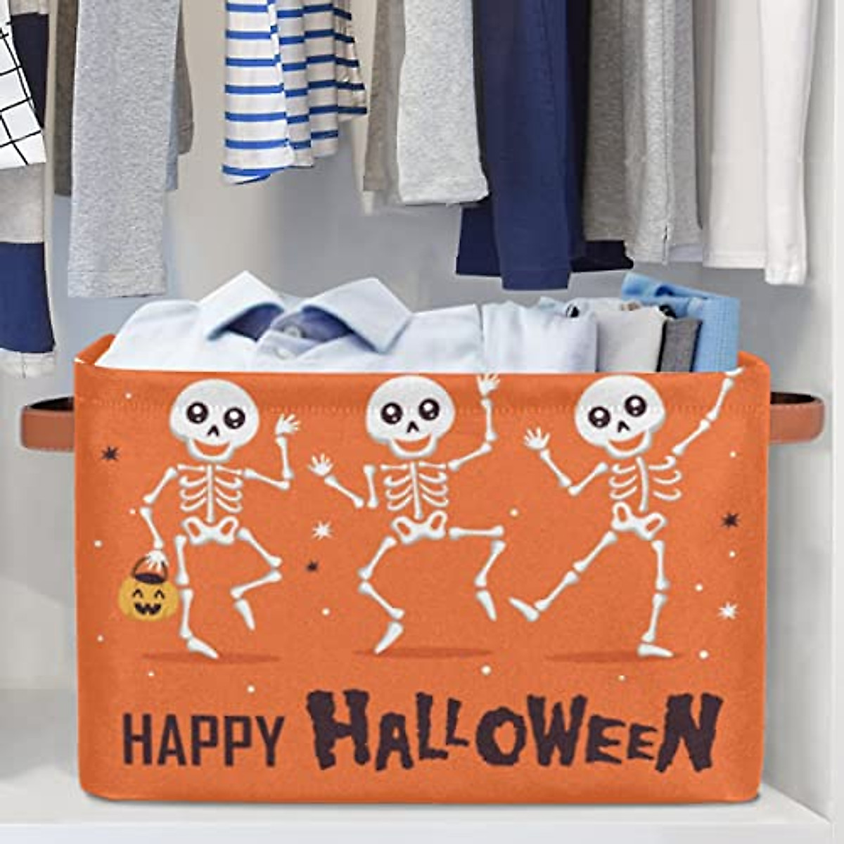 Pardick Happy Halloween Large Collapsible Storage Bins ,Danc Skull Decorative Canvas Fabric Storage Boxes Organizer with Handles，Rectangular Baskets Bin for Home Shelves Closet Nursery Gifts